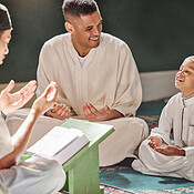Muslim child, mosque and quran with teacher for spiritual learning ...