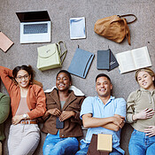 College floor, diversity portrait and students collaboration on group ...