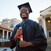 University diploma, graduation and portrait of a black man at campus to ...