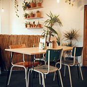 Cafe, empty space or restaurant design interior with modern table ...