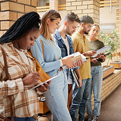 University, lobby and diversity, group of students standing in row ...