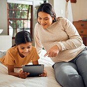 Pregnant mother, child and tablet pointing online for distance learning ...