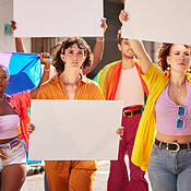 Lgbt protest, billboard mockup and people walking in city street for ...