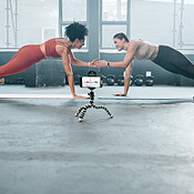 Influencer workout, phone and people recording, filming or broadcast ...