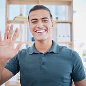 Wave, greeting and portrait of a man in the office for an online ...