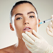 Skincare, collagen and portrait of woman with injection in lips from ...