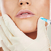Skincare, mouth and collagen, woman with injection in lips from ...
