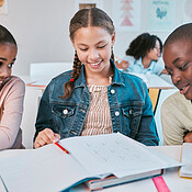 Friends, education and children in happy class work together on project ...