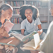 Books, storytelling or excited students in a library reading for ...