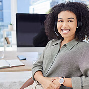 Call center, portrait and black woman, technical support agent or help ...