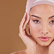 Woman, muslim and studio portrait for beauty, makeup and wellness with ...