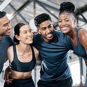 Diversity, fitness and team with smile for exercise, workout or ...