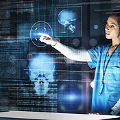Doctor, hologram and futuristic technology at night for healthcare ...