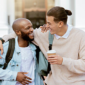 University, campus and students or friends laugh together for college ...