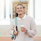 Happy, college student man at university with coffee for learning ...