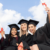 Graduation, smile and portrait of female group of friends celebrate ...