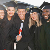 Graduation, happy group and portrait of students celebrate education ...