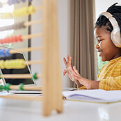 Abacus, child learning and computer of a kid with knowledge development ...