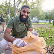 Black man, volunteer portrait and plastic bag for community park ...