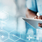 Doctor with tablet, medical and technology transformation overlay ...