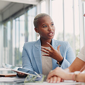 Strategy, tablet and women in discussion in business meeting for ...