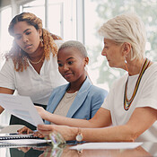 Discussion, documents and business women in meeting for planning ...
