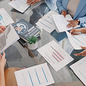 Above table, chart and business meeting with team, analytics and data ...