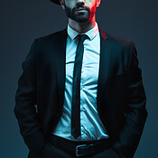 Portrait, suit and fashion on dark studio background in secret spy ...