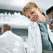 Doctor, collaboration or scientist people in science lab for DNA ...