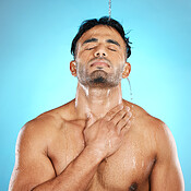 Water, shower and man cleaning skin, beauty and skincare for his body ...