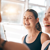Happy, smile and girl with team for sports, training and exercise in ...