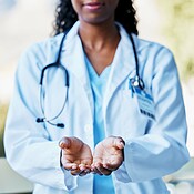 Healthcare, open hands and woman doctor working in a hospital for ...