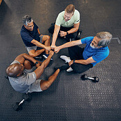 Team, fitness and teamwork by senior men exercise, workout and training ...