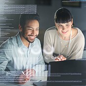 Business people, code with partnership and information technology with ...