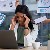 Stress, anxiety and financial report with woman, leader or manager and ...