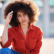 Portrait of black woman with afro, urban and fashion for trendy gen z ...