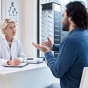 Eye doctor, help or man consulting for eyesight advice at optometrist ...