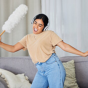 Music, dance and cleaning with a woman housekeeper in a home alone for ...