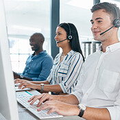 Call center, agent and telemarketing company, team and teamwork in an ...