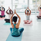Meditation, yoga class and diversity women exercise for fitness, peace ...