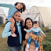 Farmer family in portrait in countryside, happy people with agriculture ...