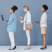 Business people, diversity and job interview waiting in queue ...