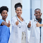 Portrait, team of doctors and thumbs up for teamwork, support and ...