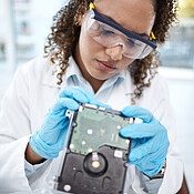 Computer hardware, inspection and black woman electrician with ...