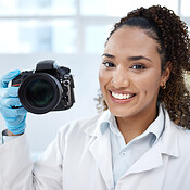 Camera, medical and portrait of black woman in forensics laboratory for ...