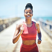 Black woman, fitness and running with smile for exercise, cardio ...