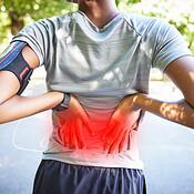 Red back pain, fitness and woman outdoor in park for exercise injury ...