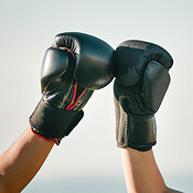 Boxer, boxing gloves and friends fist bump in celebration ...