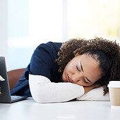 Woman, laptop or sleeping medical student in stress, research books ...