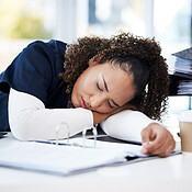 Woman, laptop or sleeping medical student in tired, research books ...